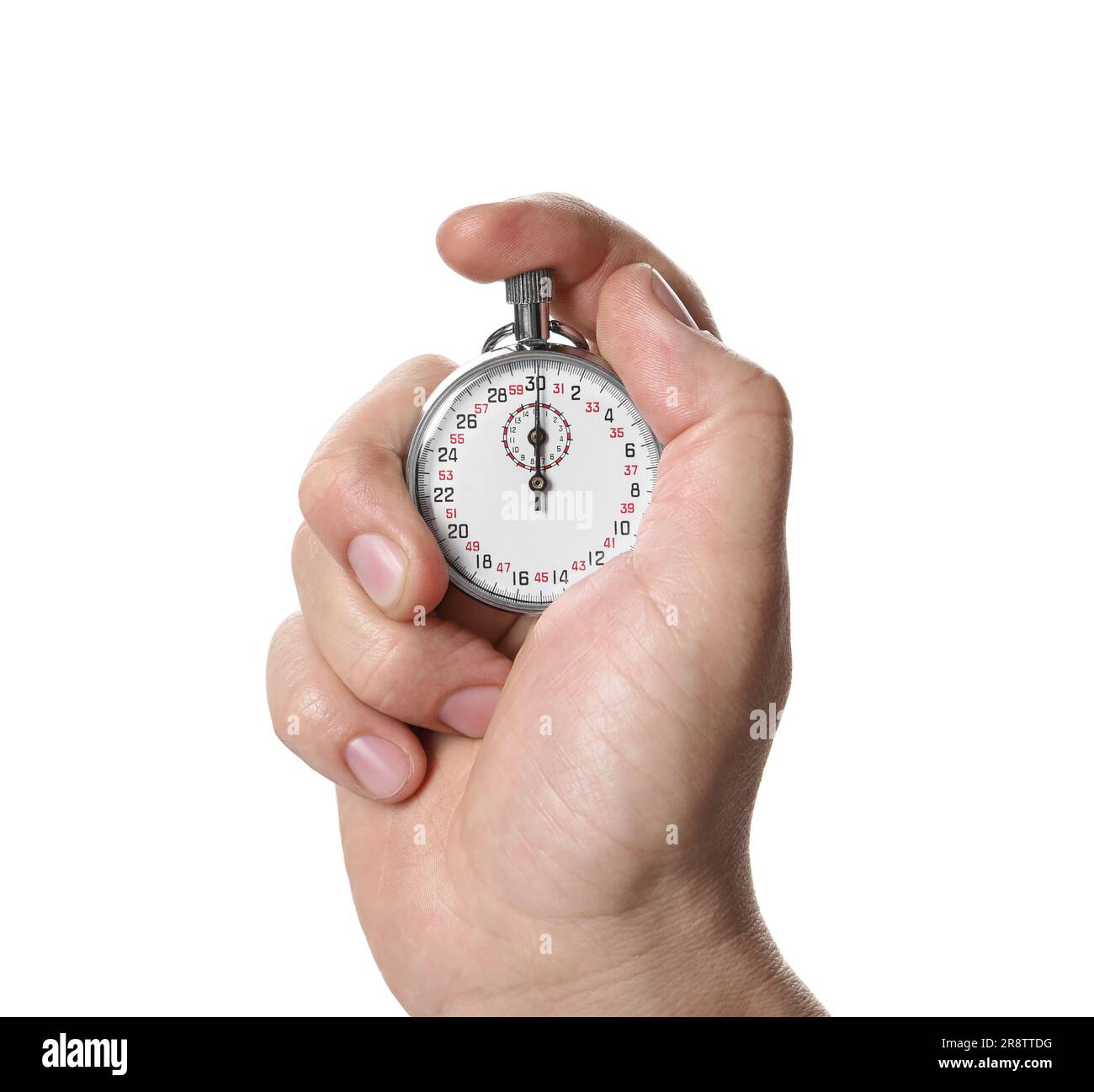 Man holding vintage timer on white background, closeup Stock Photo - Alamy