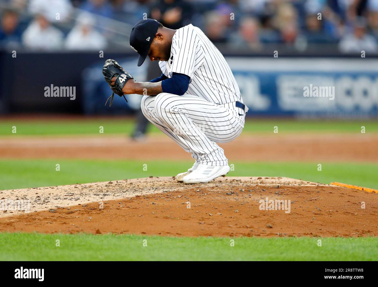 New York Yankees starting pitcher Domingo German pauses during a video ...