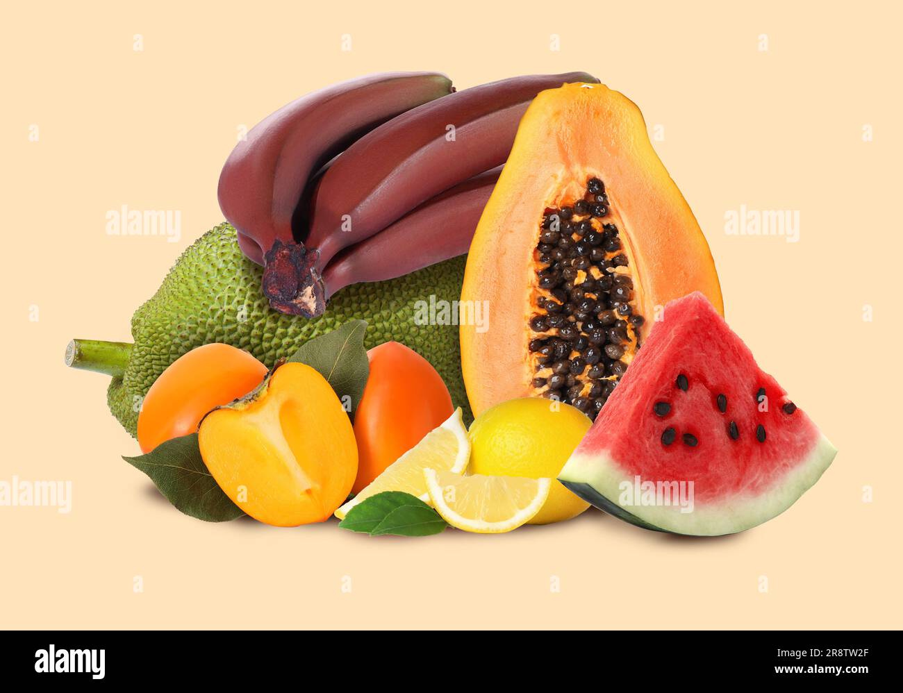 Many different fresh fruits on beige background Stock Photo - Alamy