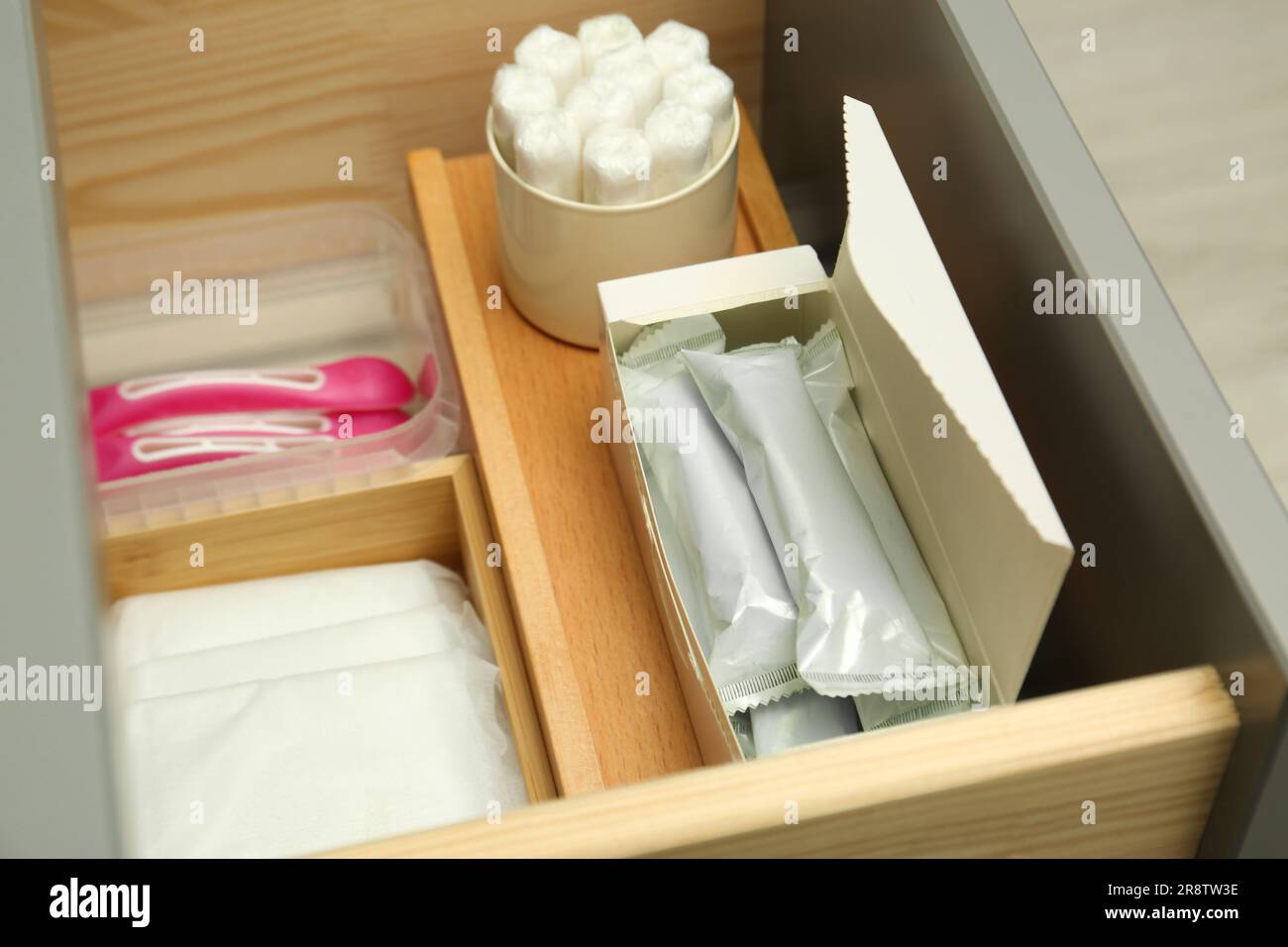 Storage of different feminine hygiene products in drawer, closeup Stock ...