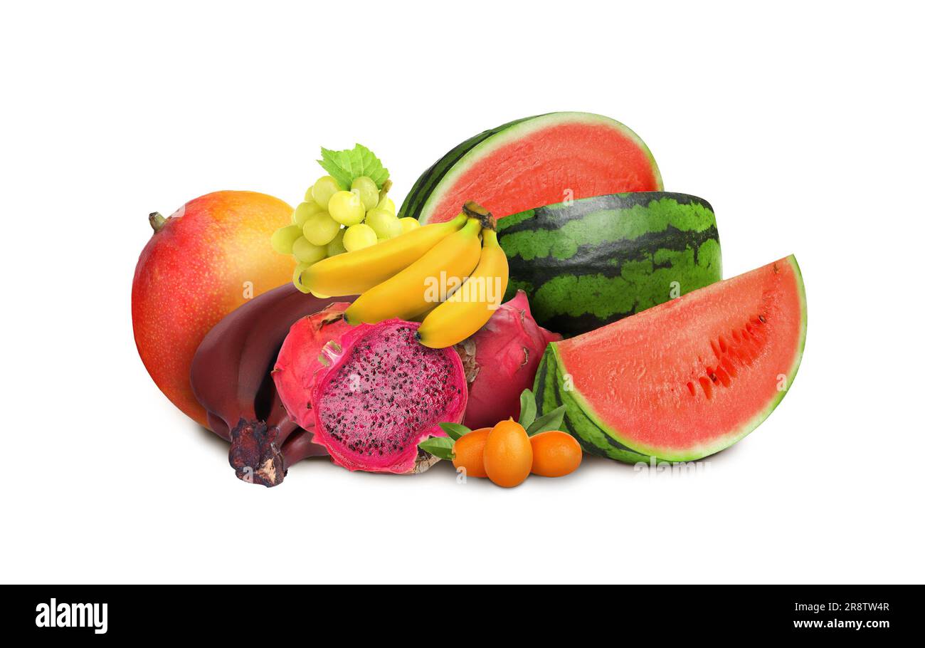 Many different fresh fruits on white background Stock Photo - Alamy