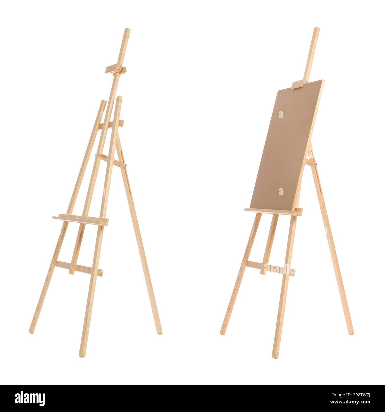 Wooden easel isolated on white, one with canvas Stock Photo - Alamy