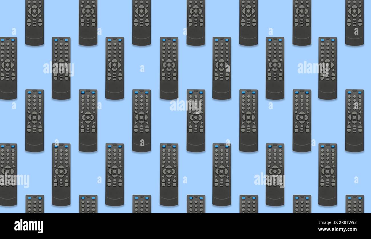 Remote controller pattern on light blue background, top view. Collage ...