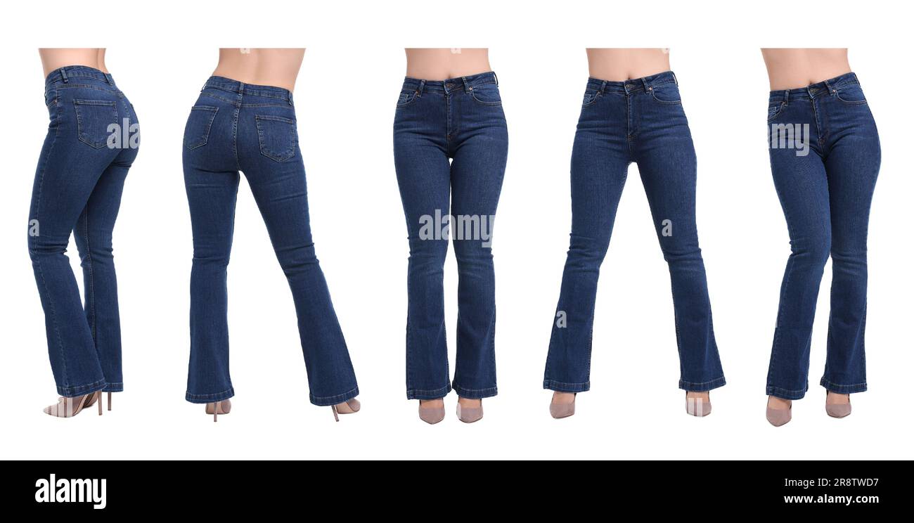Collage with photos of woman in stylish jeans on white background ...