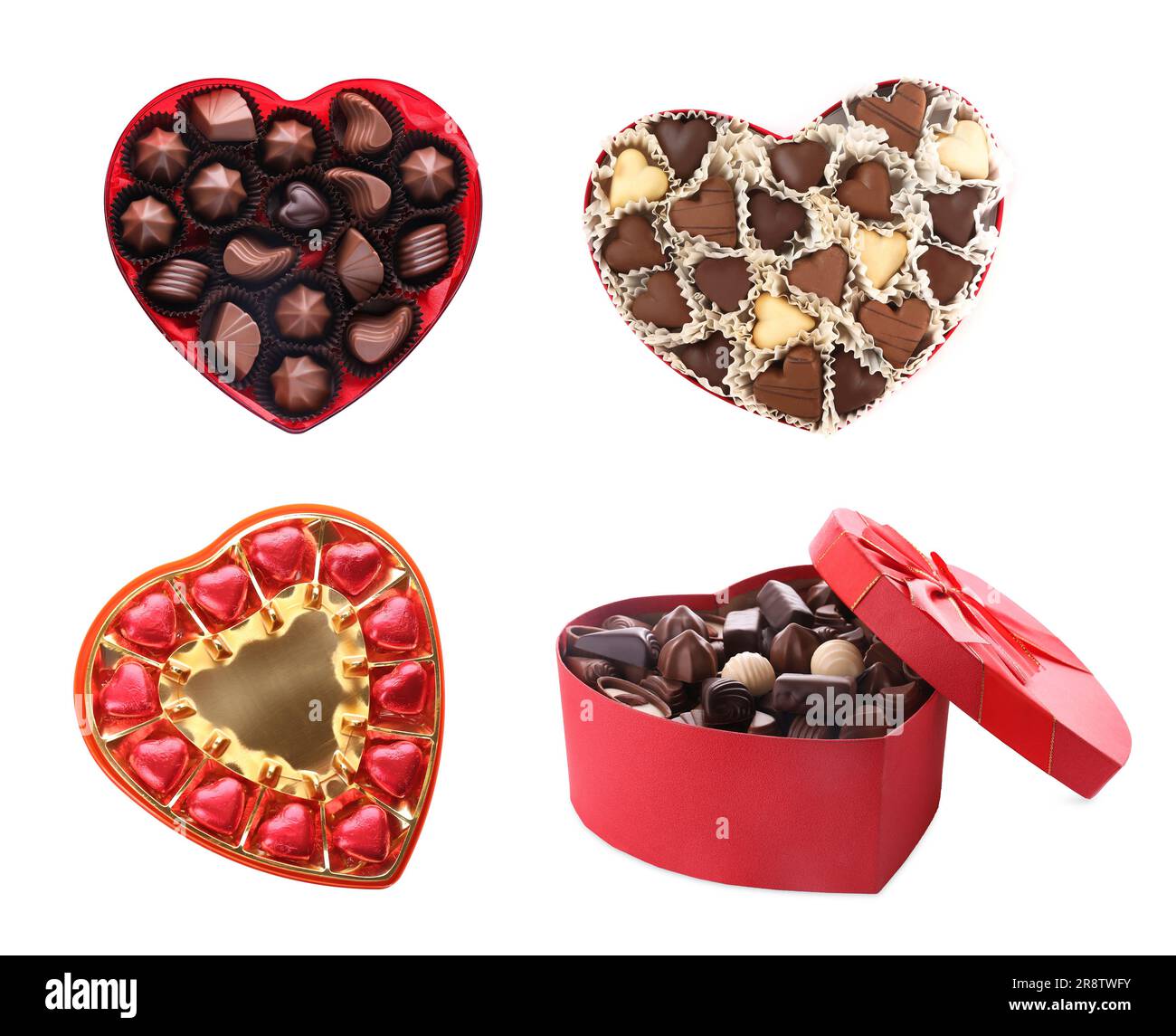 Many heart shaped boxes with tasty chocolate candies on white ...