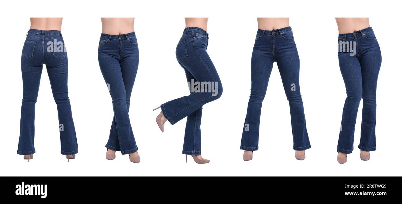 Collage with photos of woman in stylish jeans on white background ...
