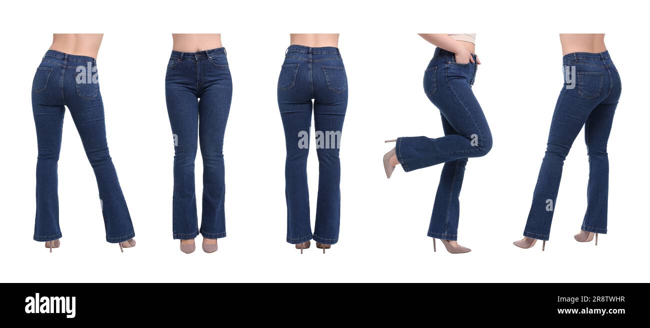 Collage with photos of woman in stylish jeans on white background ...