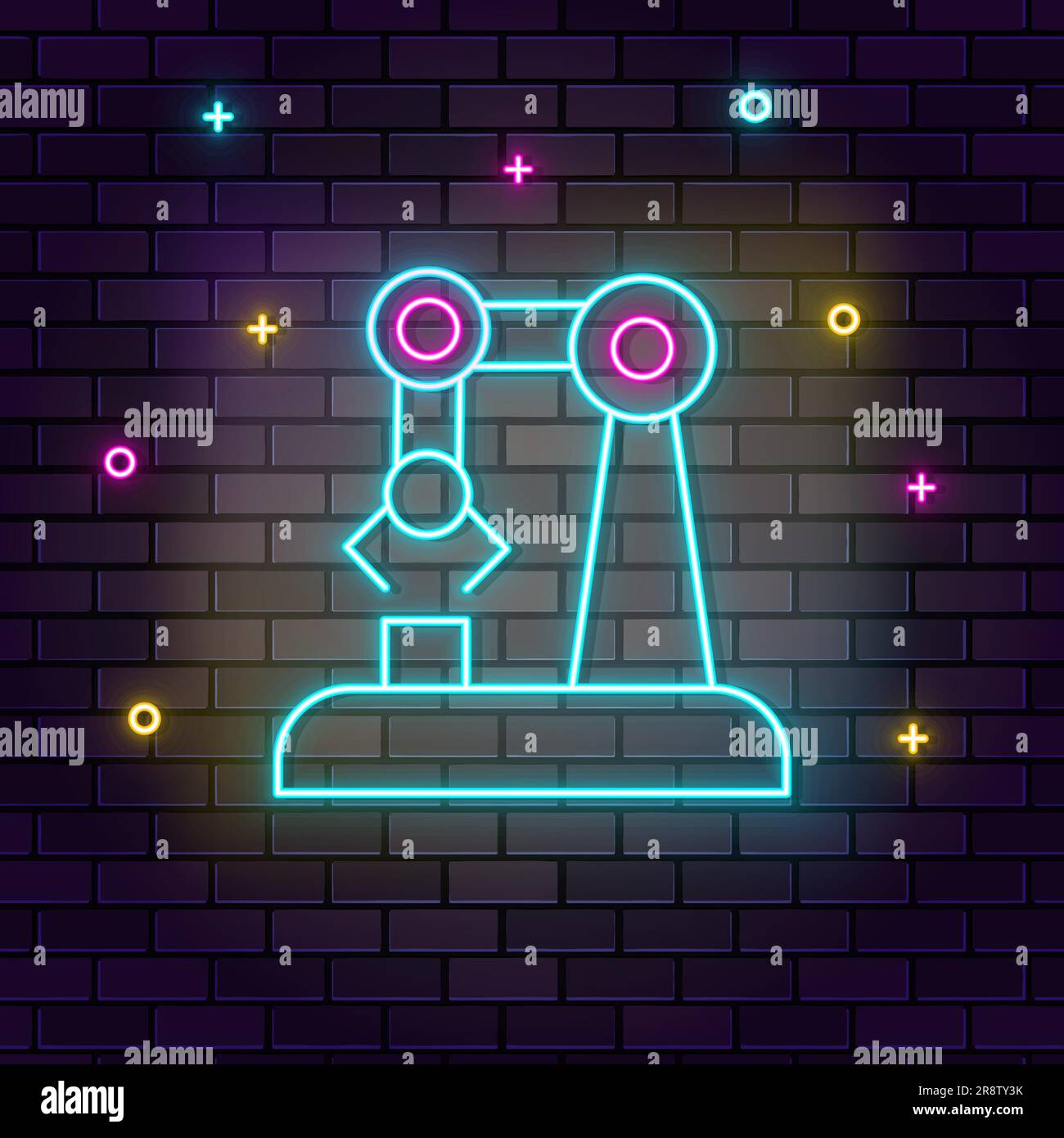 Hand, robotic, arm icon , neon on wall. Dark background brick wall neon ...