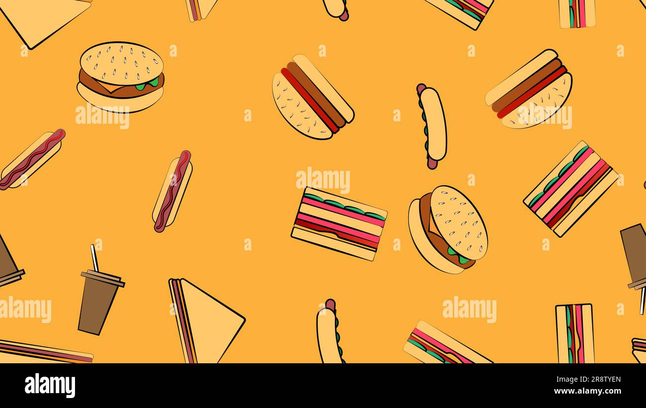 Endless yellow seamless pattern from a set of icons of delicious food ...