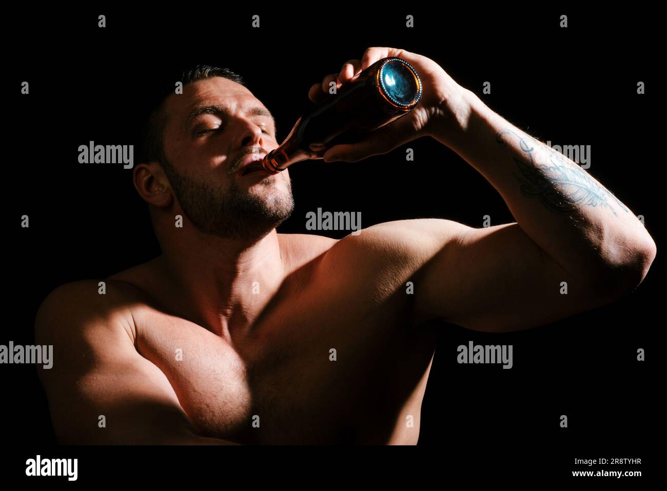 Man with bottle of beer, close up face. Drunk guy having problem from ...