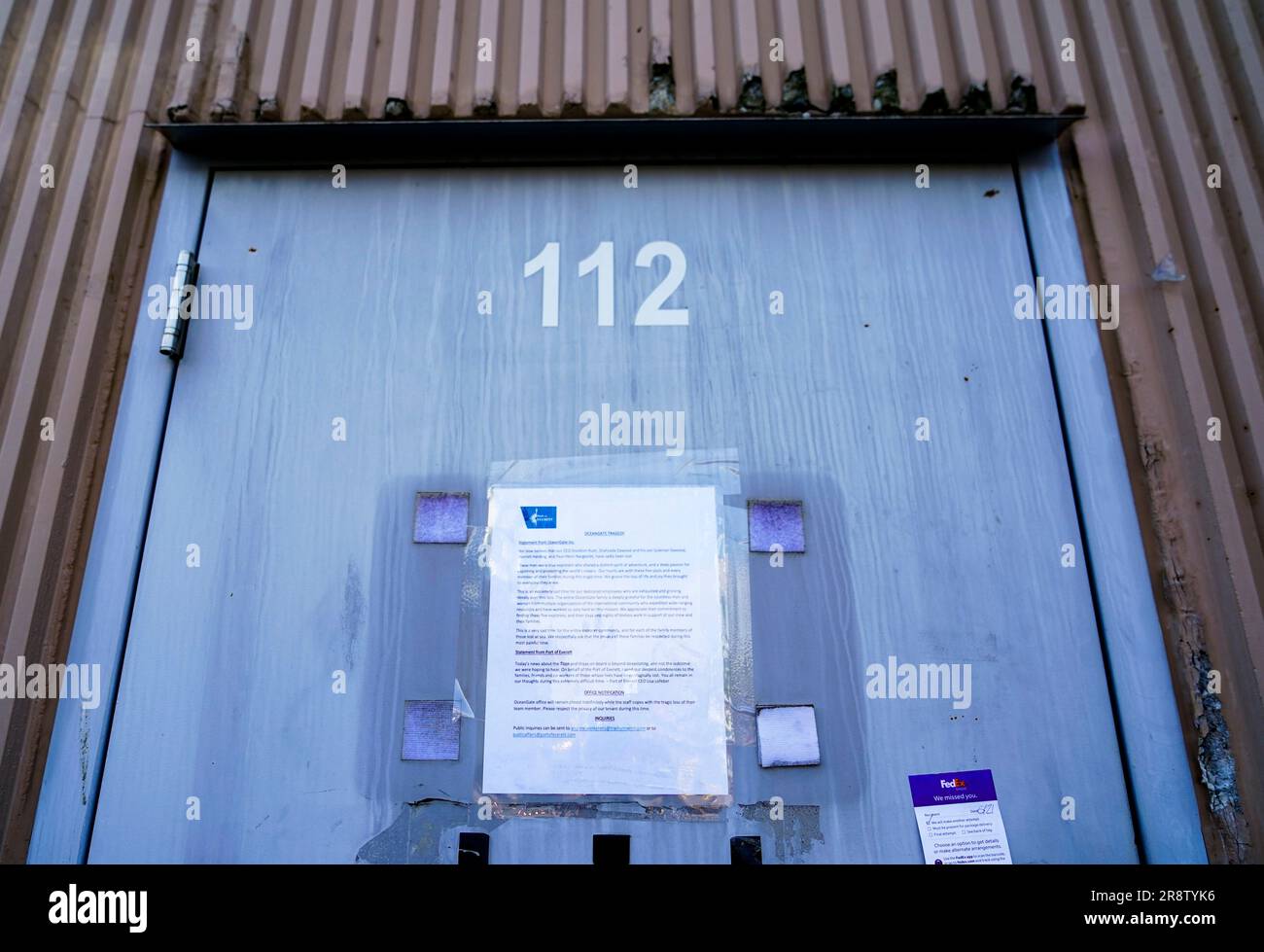 A statement on the company's missing submersible is posted outside ...