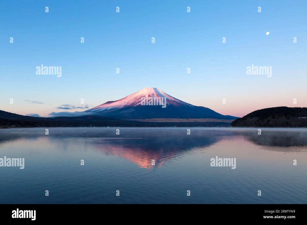 Red Fuji and the moon reflected in Lake Yamanakako Stock Photo - Alamy