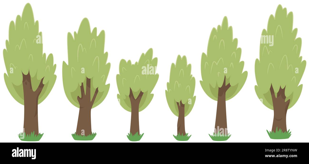 Set of light green trees in cartoon style isolated on white background ...