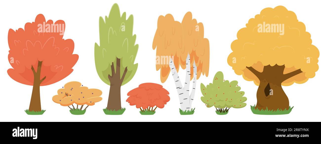 Vector illustration of isolated set of autumn trees and bushes on white ...