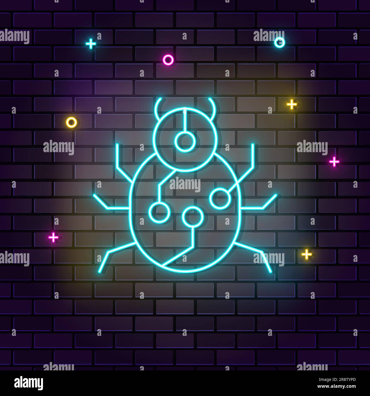 Virus, bug icon , neon on wall. Dark background brick wall neon icon ...