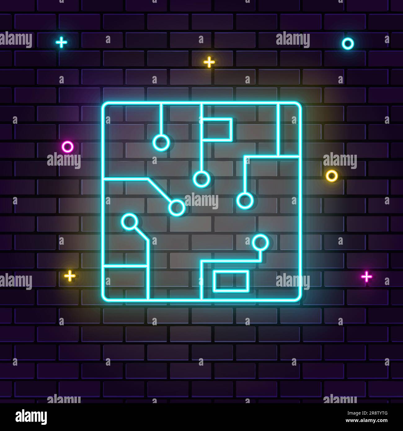 Chip, computer icon , neon on wall. Dark background brick wall neon ...