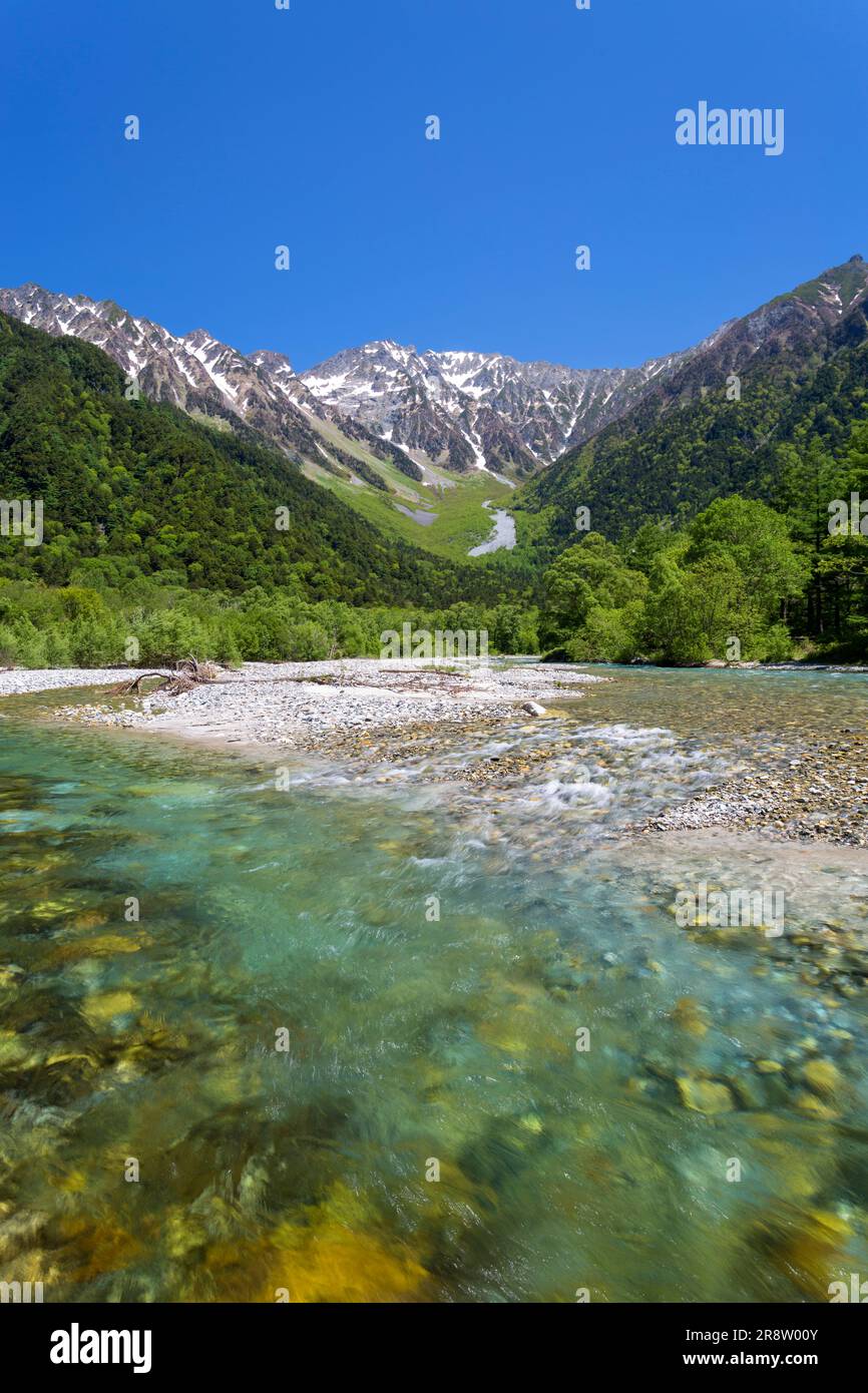 Azusa River flow and Hotaka mountain range Stock Photo - Alamy