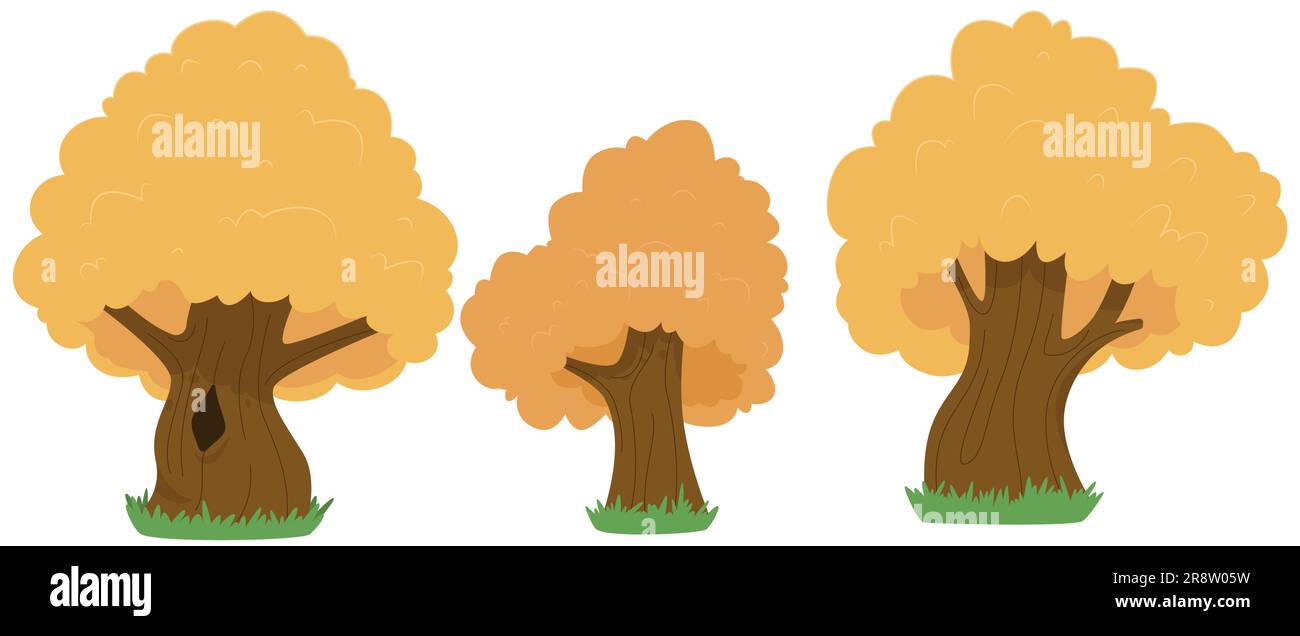 Set of oak trees in cartoon style isolated on white background vector ...