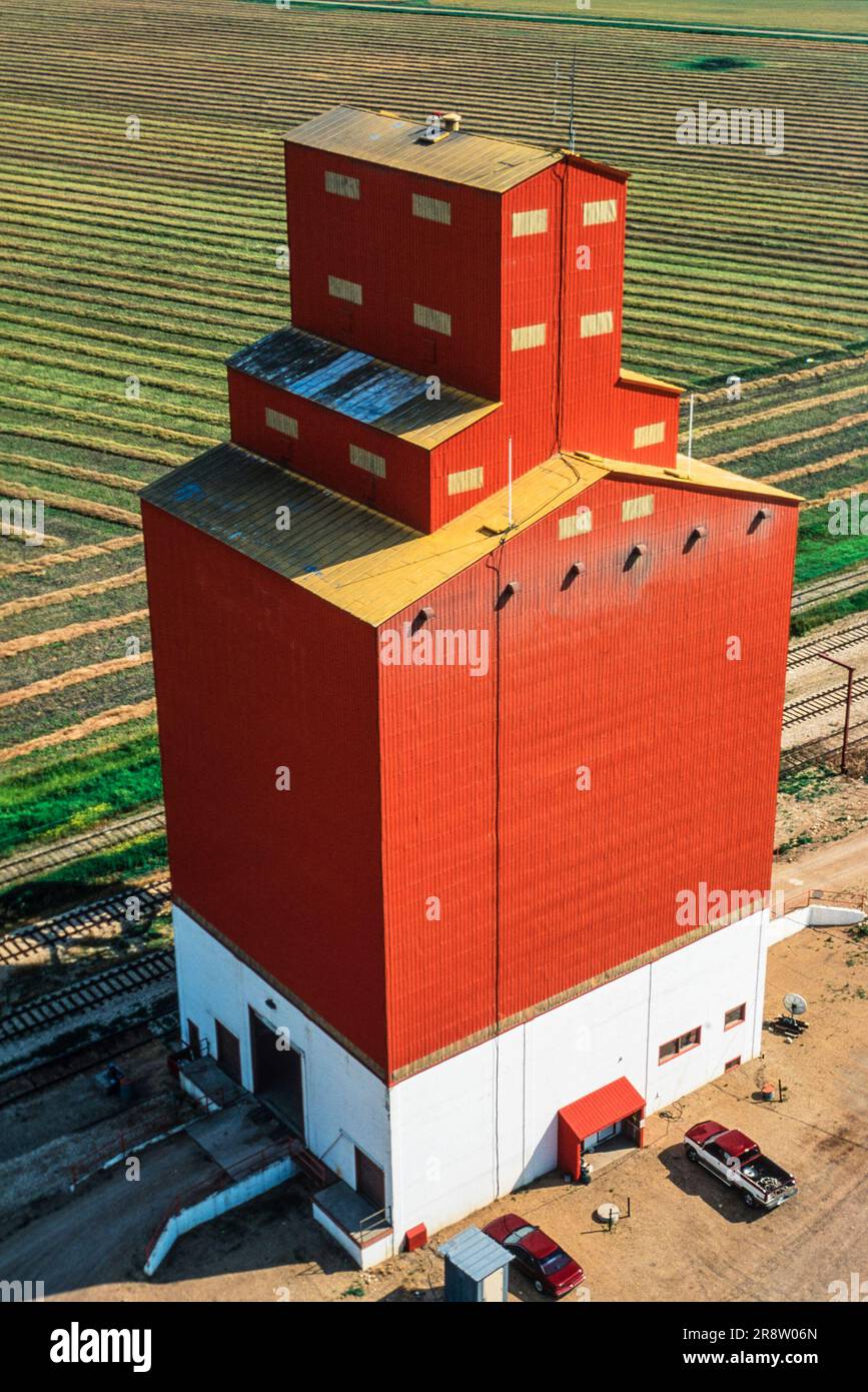 Aerial image of grain elevators Swan River Valley, Manitoba, Canada ...