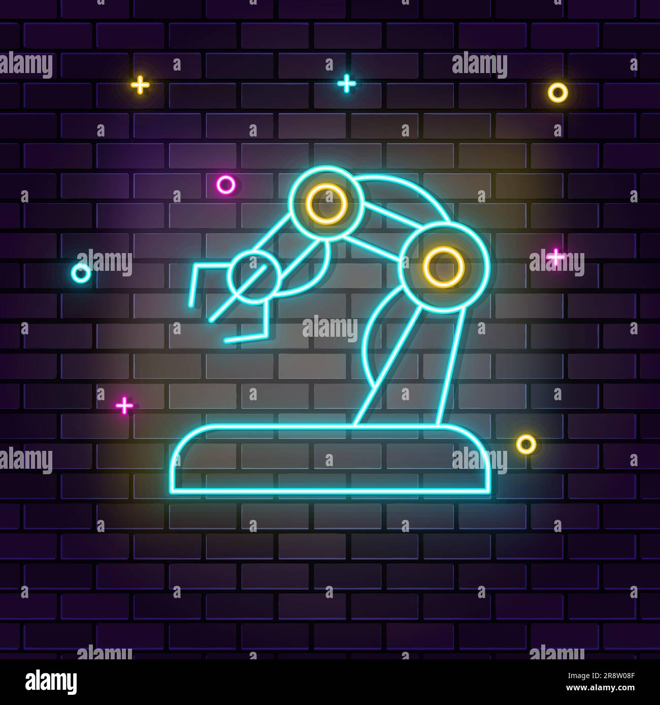 Hand, robotic, arm icon , neon on wall. Dark background brick wall neon ...
