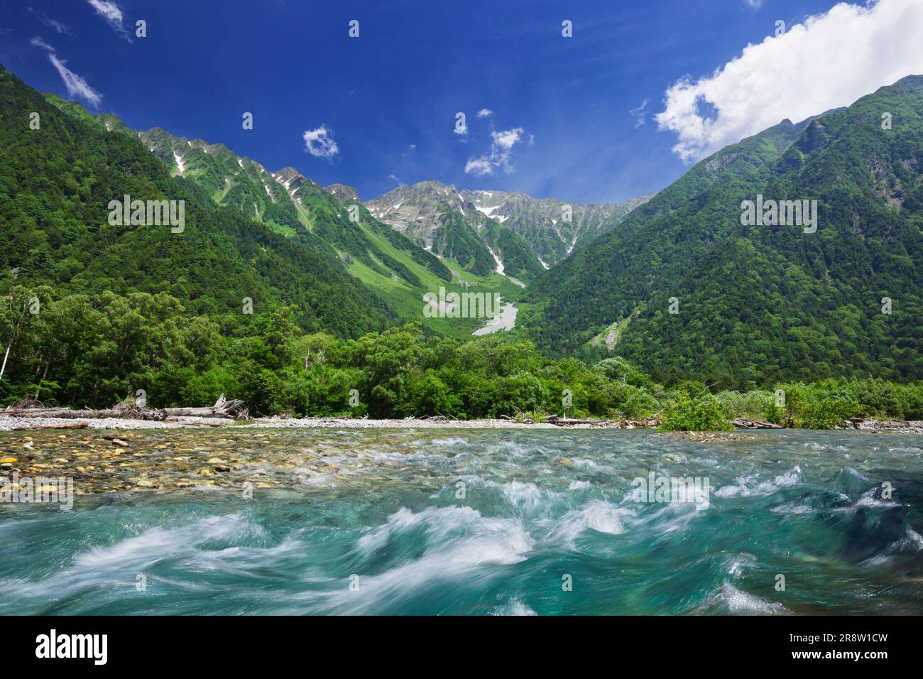 Hotaka mountain range and Azusa River in Kamikochi Stock Photo - Alamy