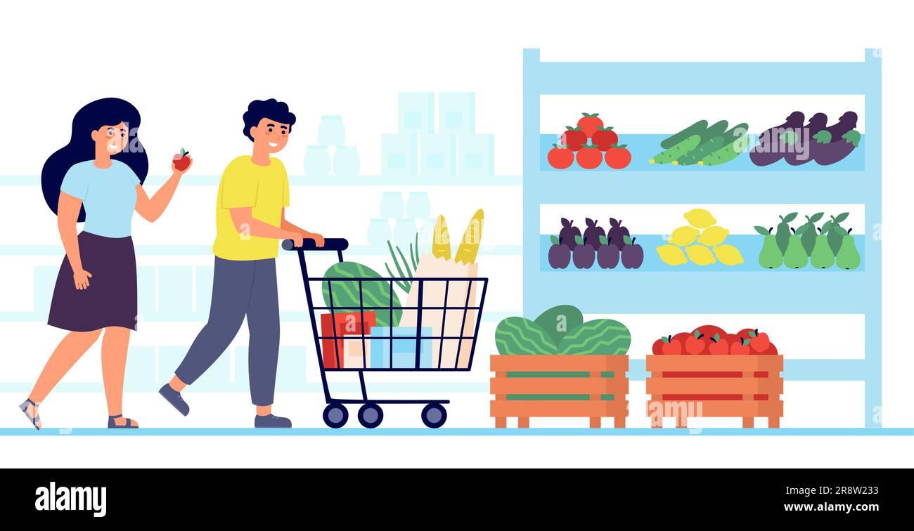 Happy customers buying food in grocery store Stock Vector Image & Art ...