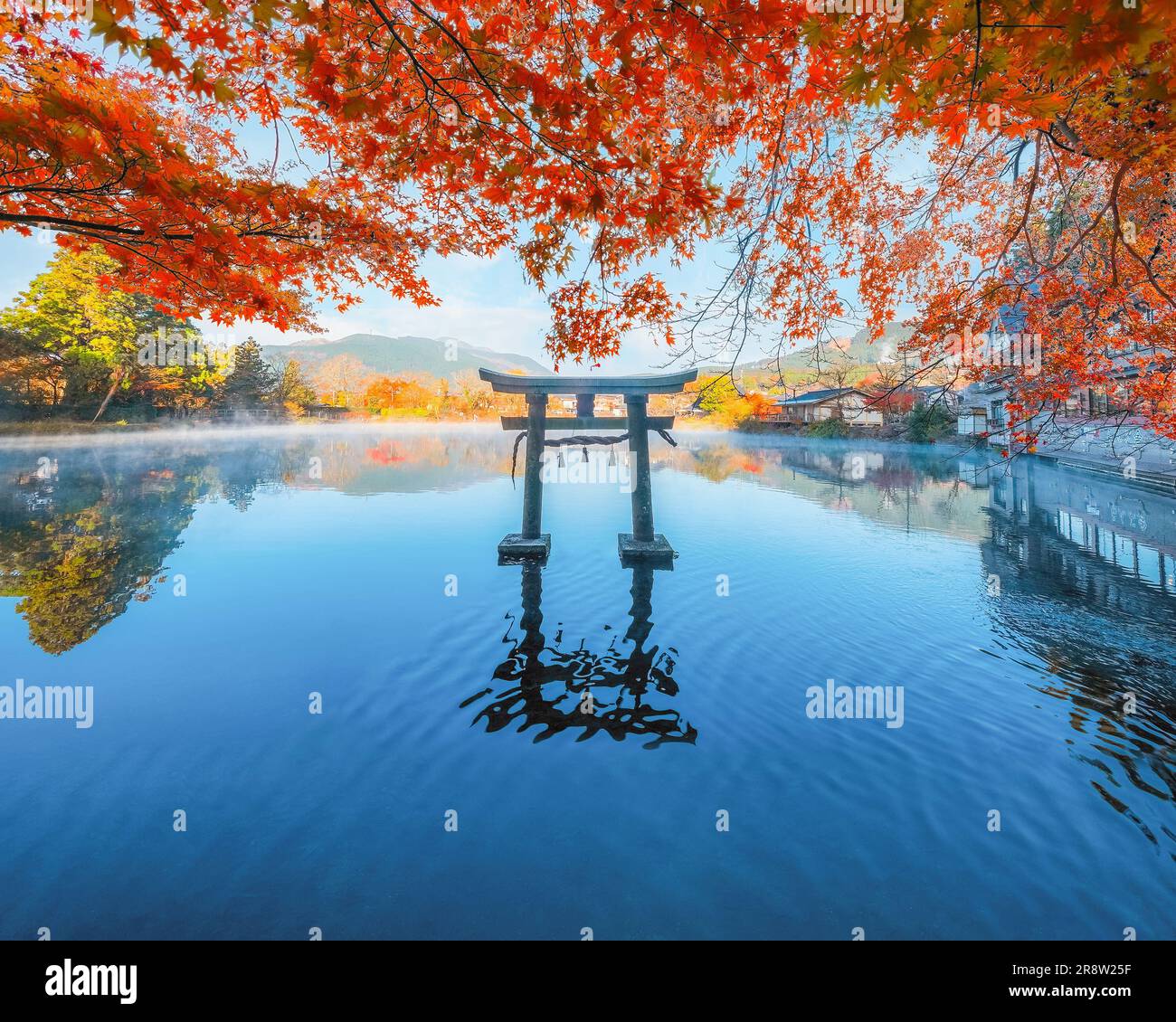 Yufuin, Japan - Nov 27 2022: Tenso-jinja shrine at lake Kinrin, is one ...