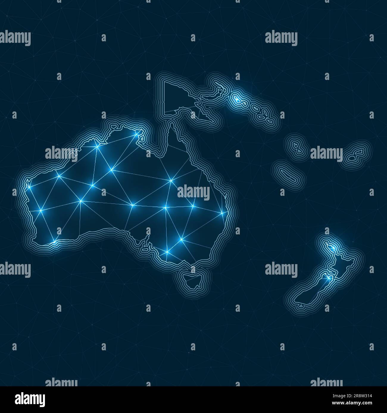 Oceania network map. Abstract geometric map of the continent. Digital ...