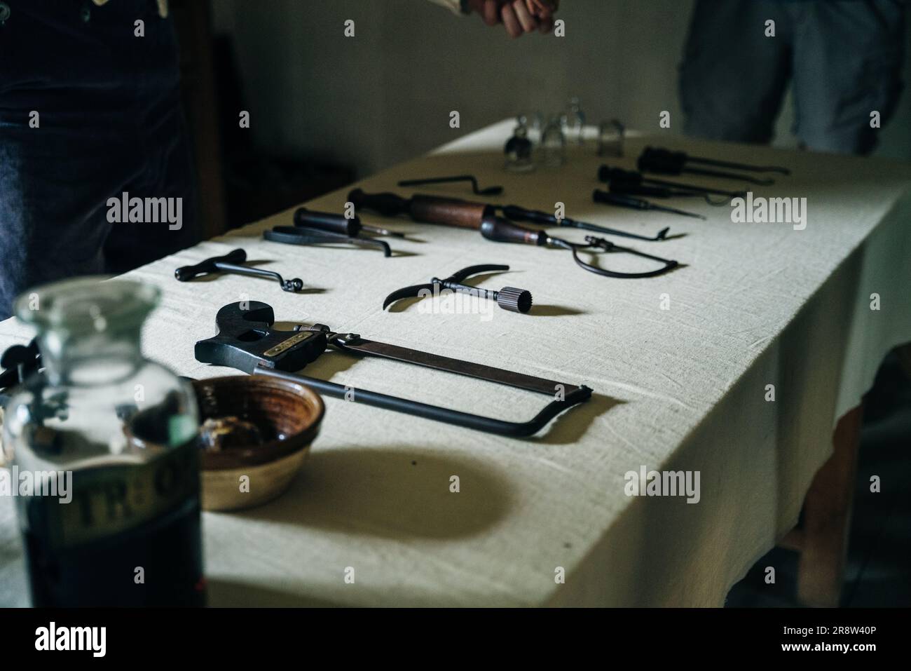 medieval medical tools, detail of vintage surgeon tools on a table ...