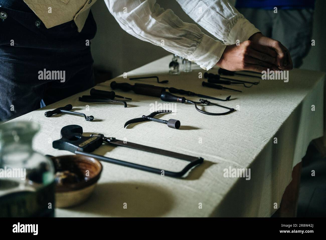 medieval medical tools, detail of vintage surgeon tools on a table ...