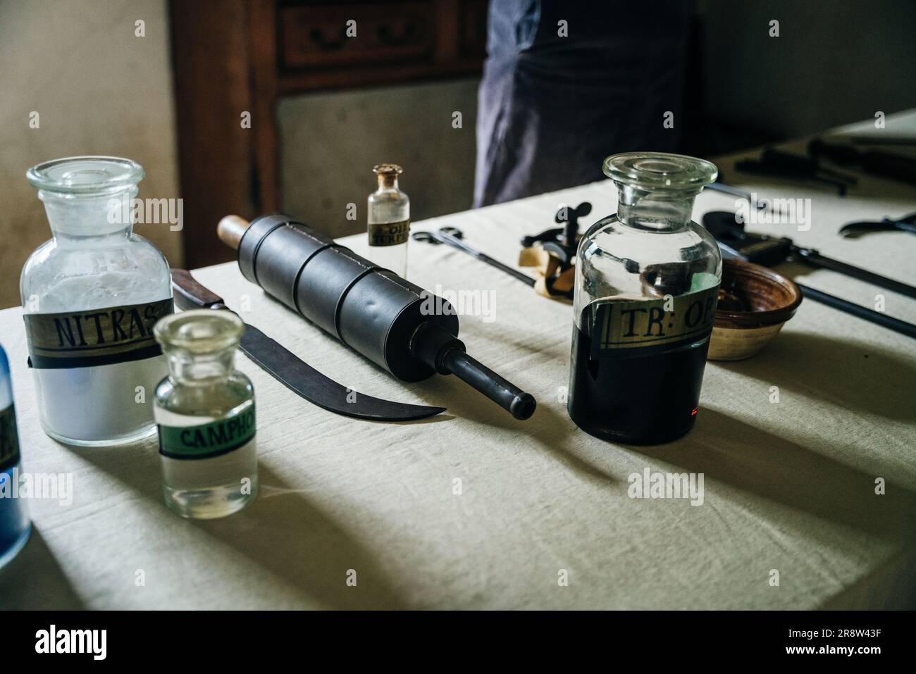 medieval medical tools, detail of vintage surgeon tools on a table ...