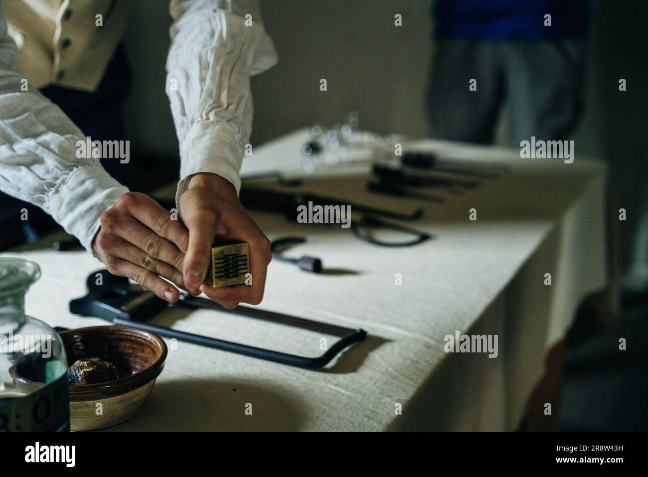 medieval medical tools, detail of vintage surgeon tools on a table ...