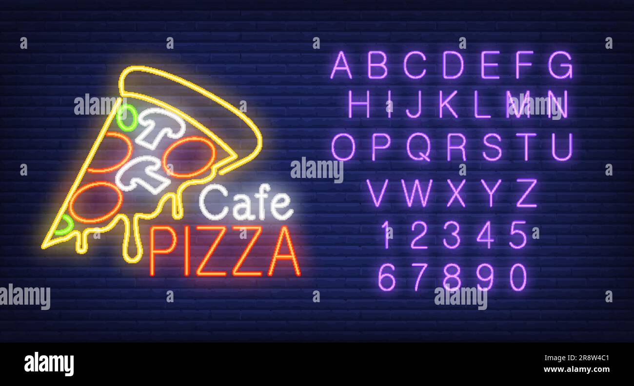 Cafe pizza lettering, piece of pizza, English alphabet Stock Vector ...