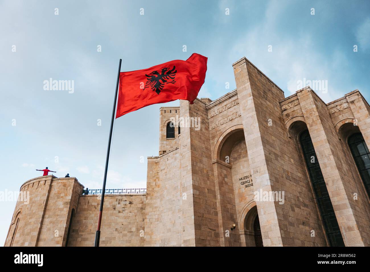 the Albanian flag flies in front of the Castle of Kruja Krujë, Albania ...