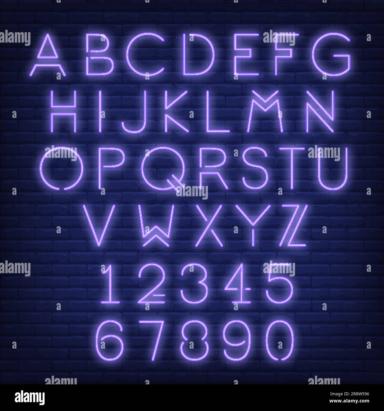 English alphabet and numbers. Neon sign with violet letters Stock ...