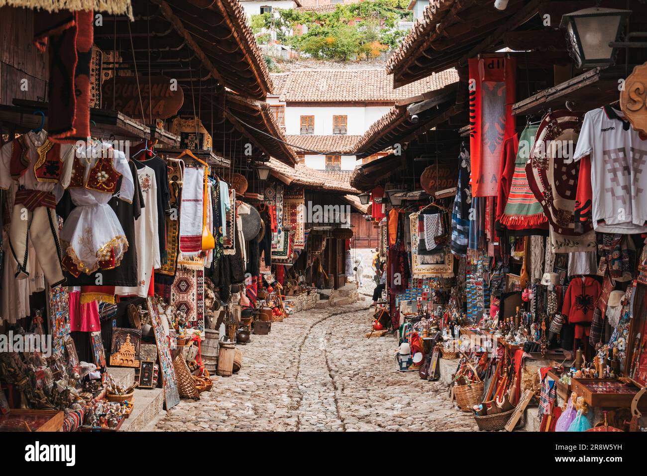 a tourist market street near the Castle of Kruja Krujë, Albania Stock ...