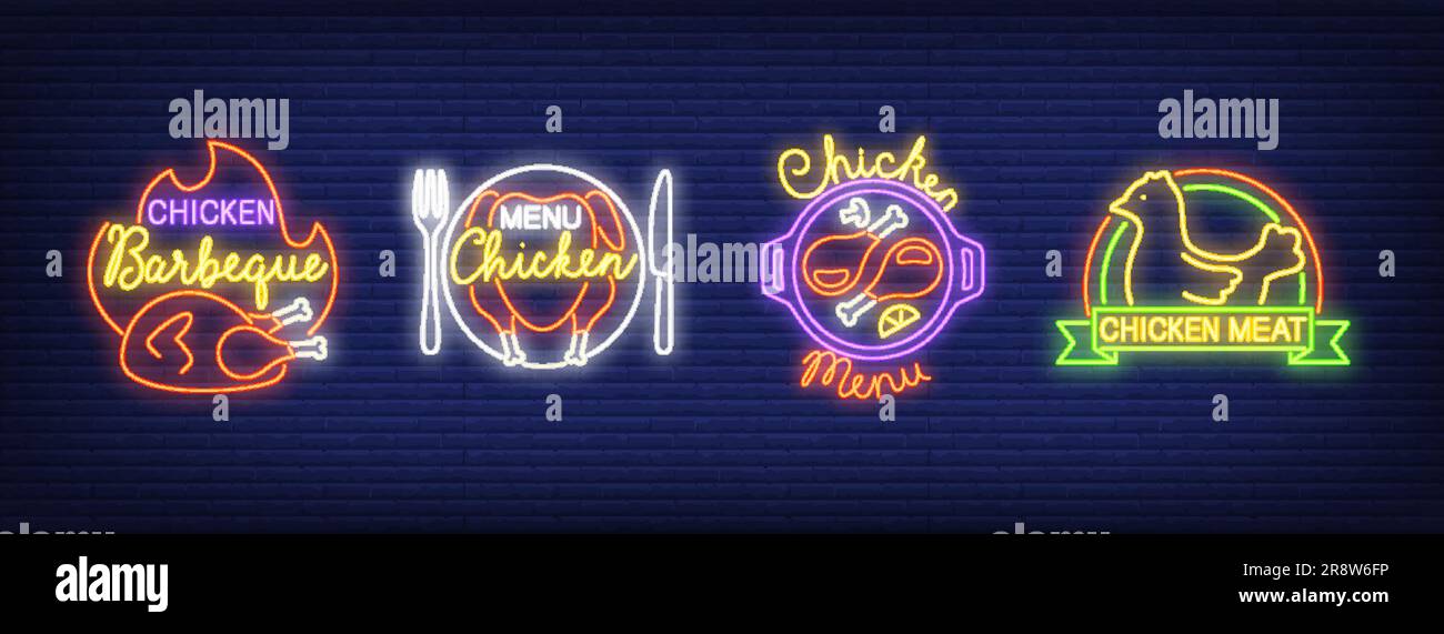 Chicken meat barbeque neon signs collection Stock Vector Image & Art ...