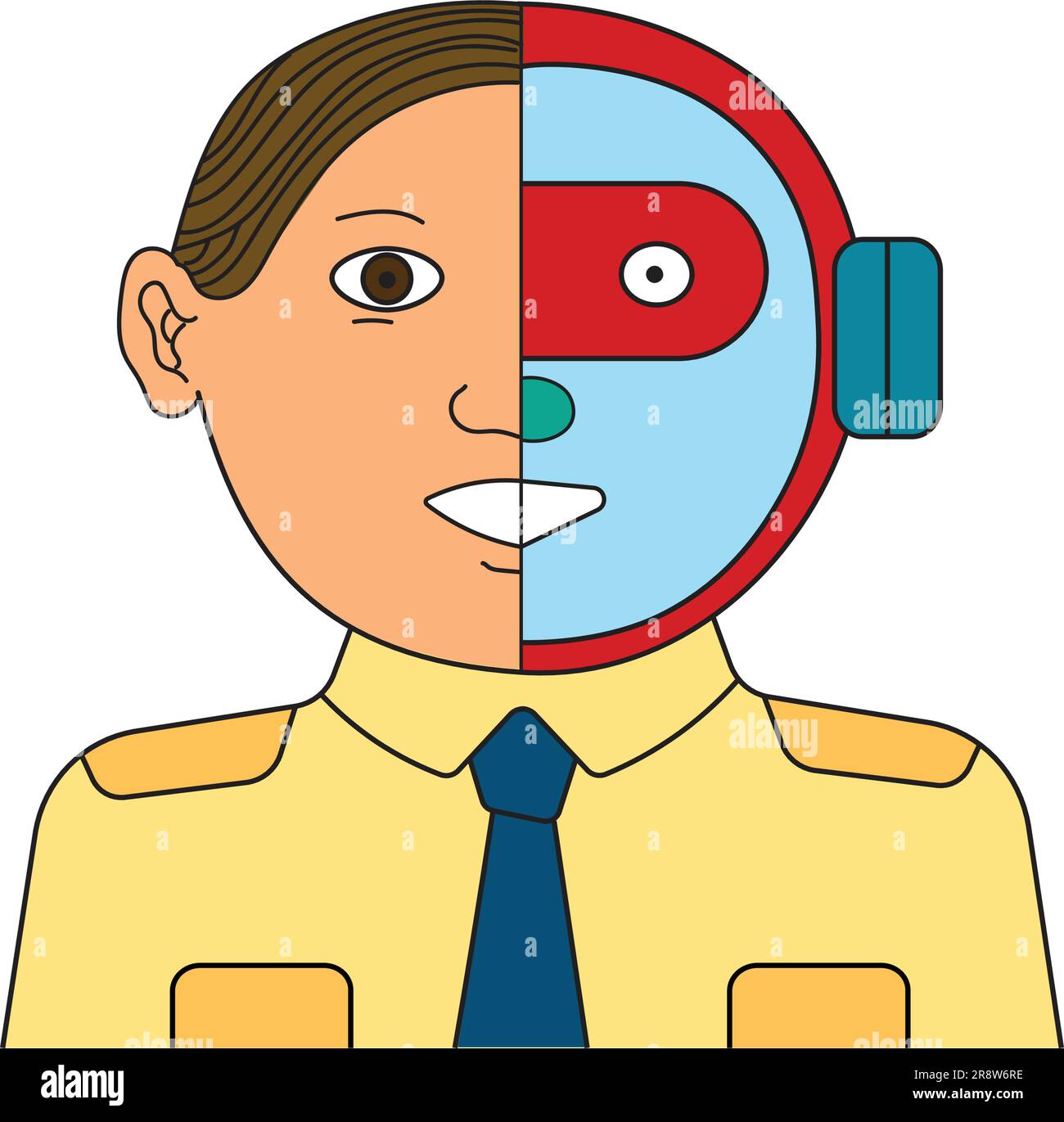 A cyborg face in office worker uniform talking with artificial ...