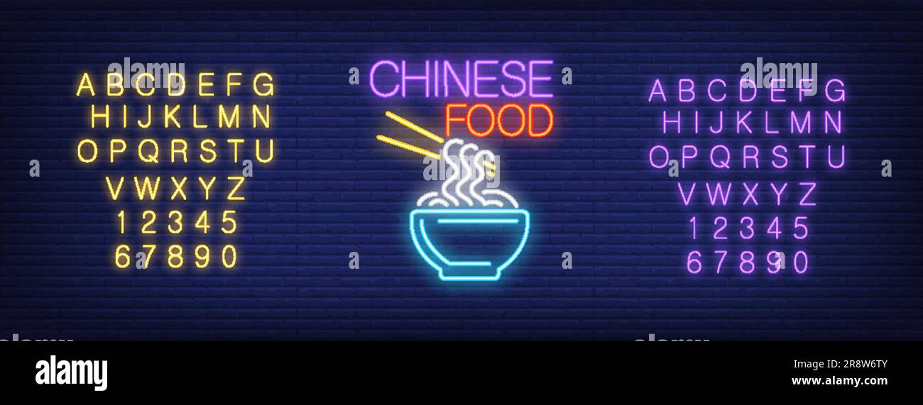 Neon alphabet and bowl with Chinese noodle over brick background ...