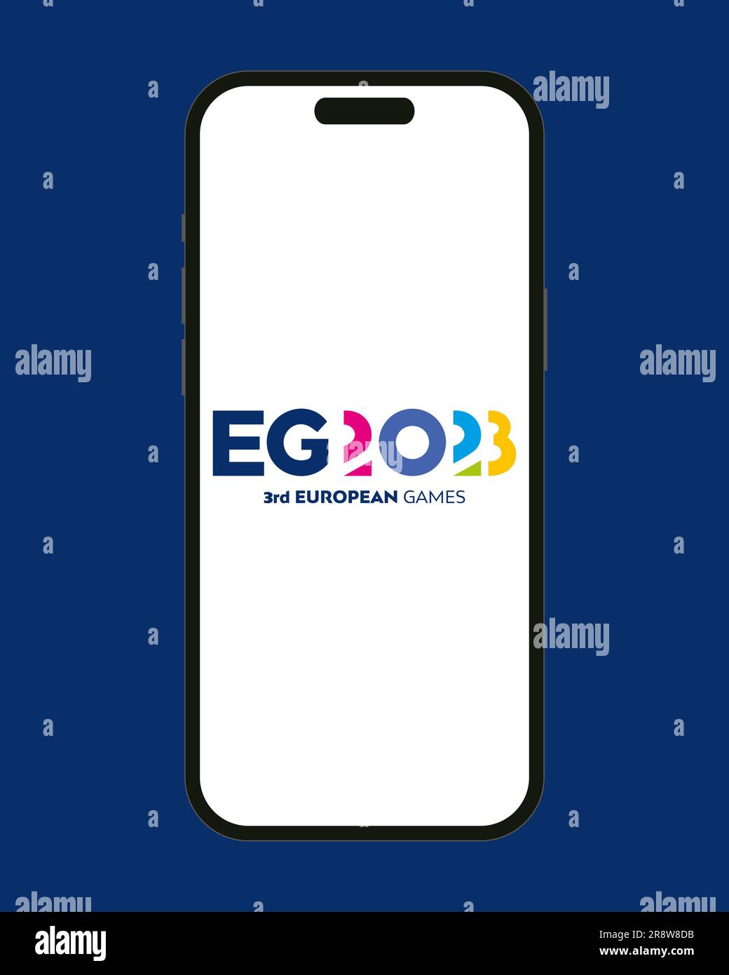 Kyiv, Ukraine - June 2023: Official logo of 3rd European Games on phone ...