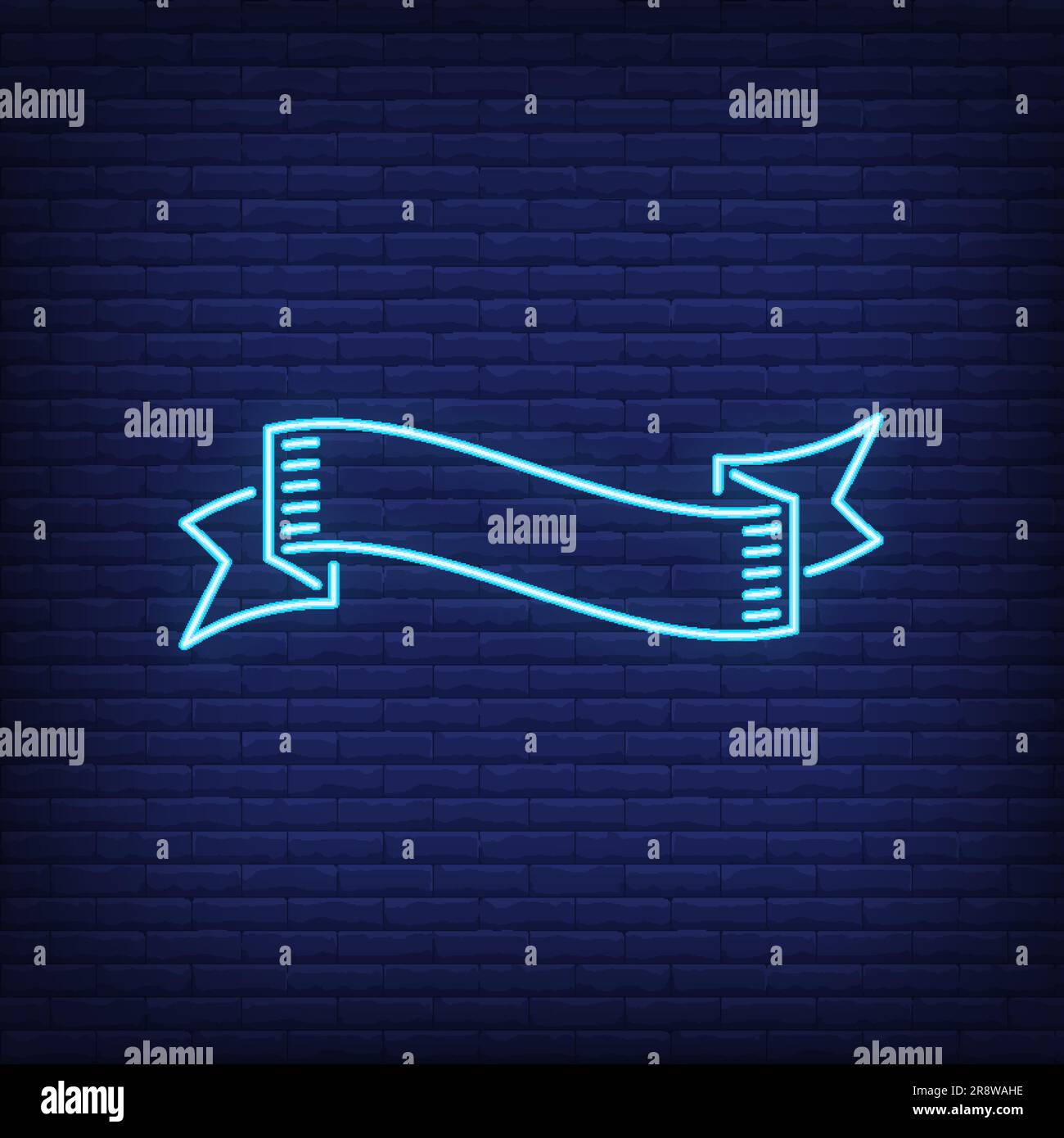 Blue ribbon banner on brick background. Neon style illustration Stock ...