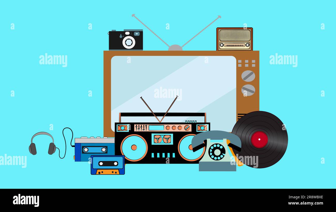 A set of retro items of old vintage hipster electronics technology from ...