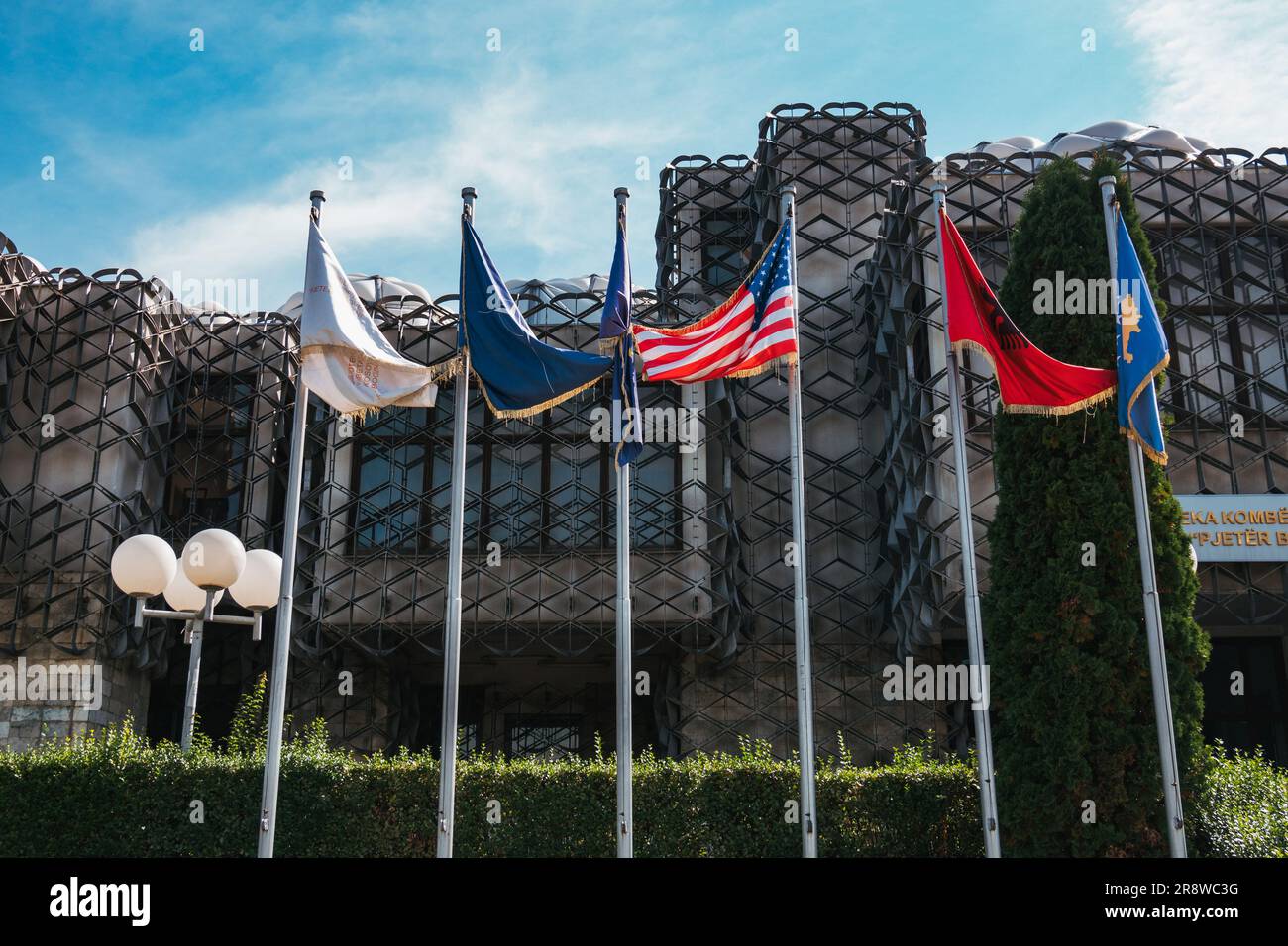 Various national flags raised in front of the National Library of ...