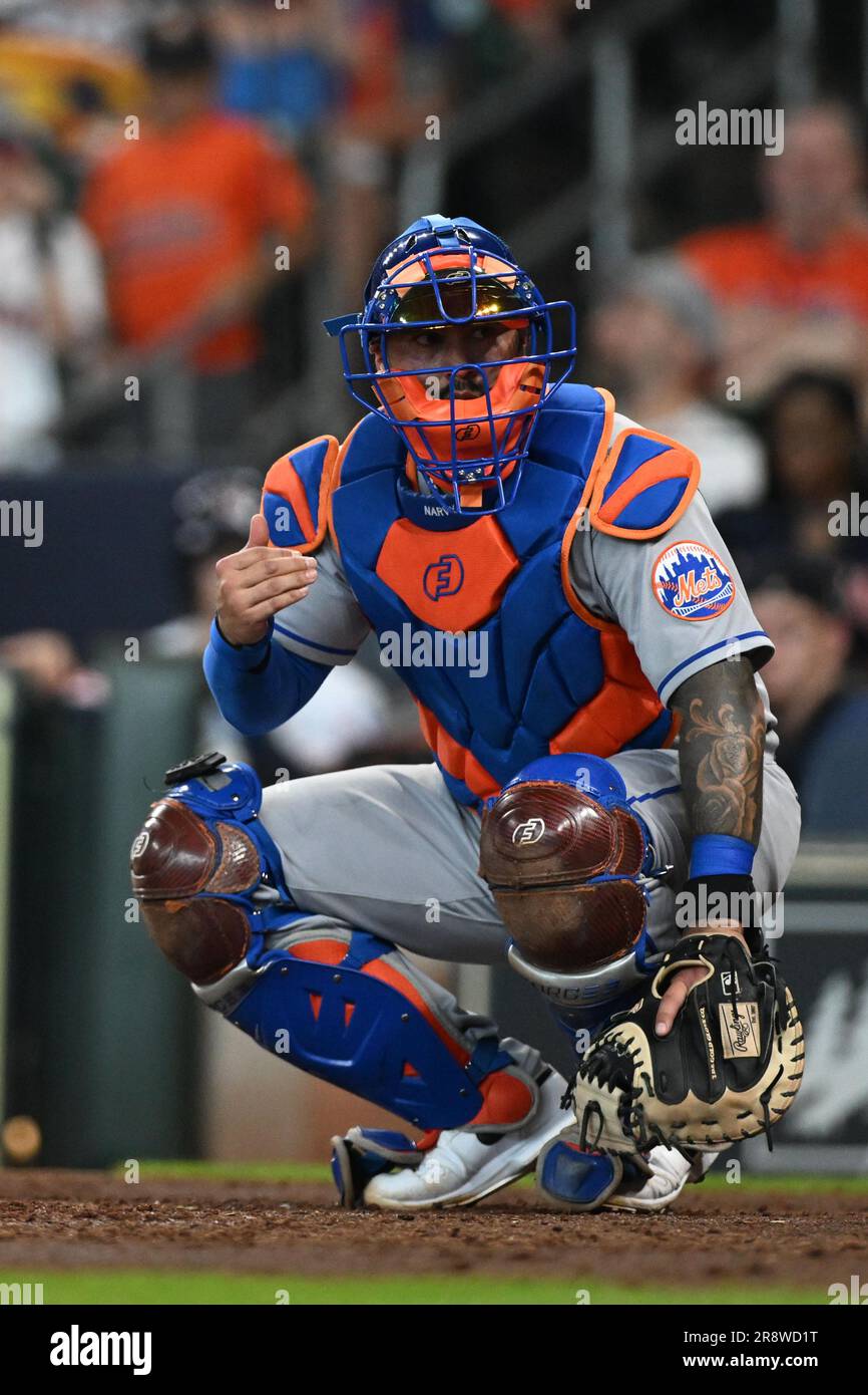 New York Mets catcher OMAR NARVAEZ (2) looks to the dugout for a signal ...