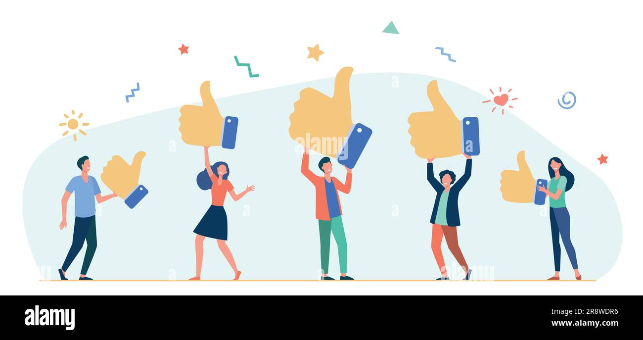 Tiny people holding thumbs up flat vector illustration Stock Vector ...