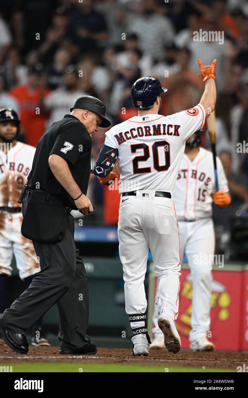 Houston Astros center fielder Chas McCormick (20) hits a 390-foot 2-run home run in the bottom ...