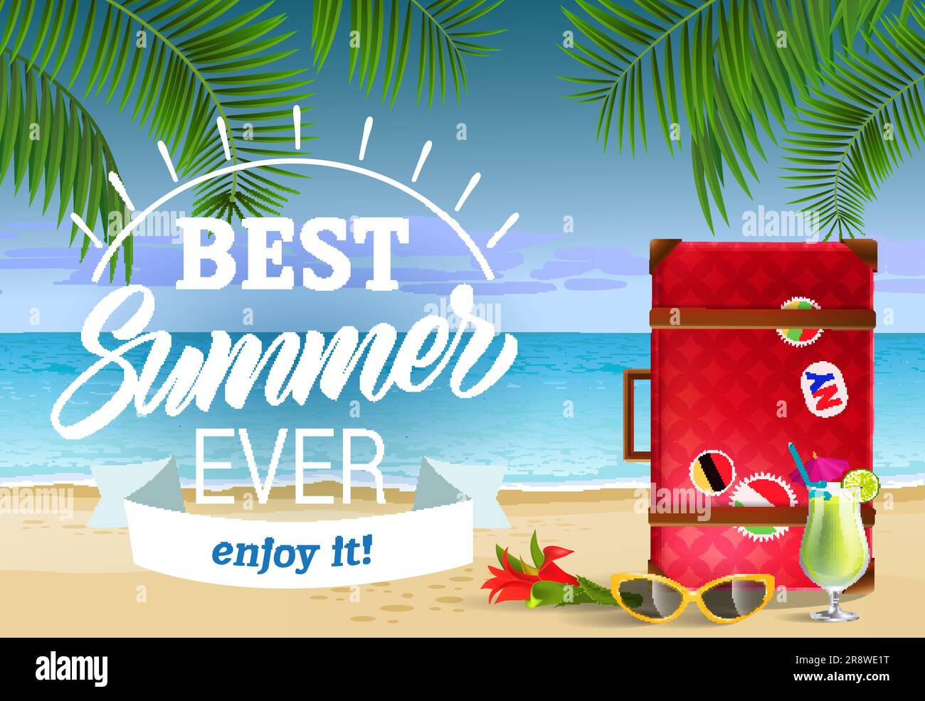 Best summer ever, enjoy it lettering with sea beach and cocktail Stock ...