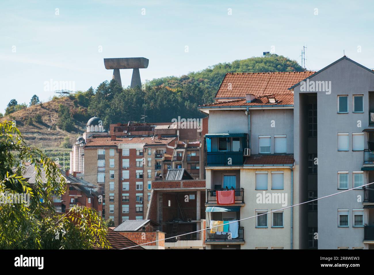 the large concrete Monument to Fallen Miners spomenik stands tall on a ...
