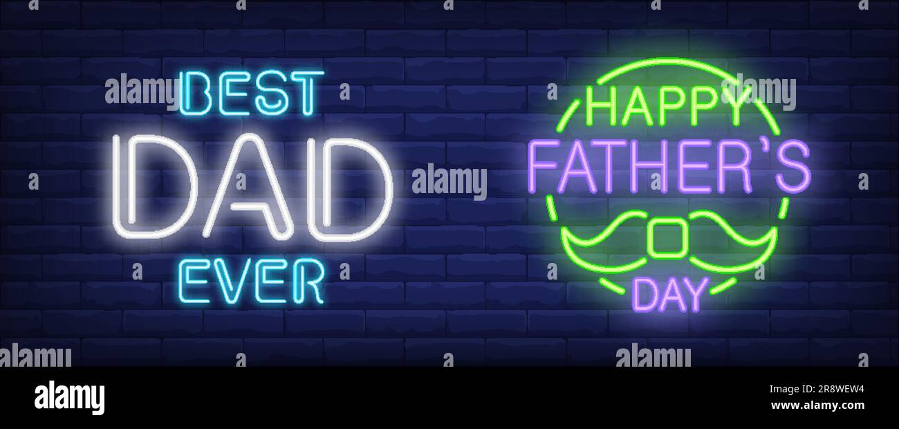 Happy fathers day, best dad ever vector illustration in neon style ...