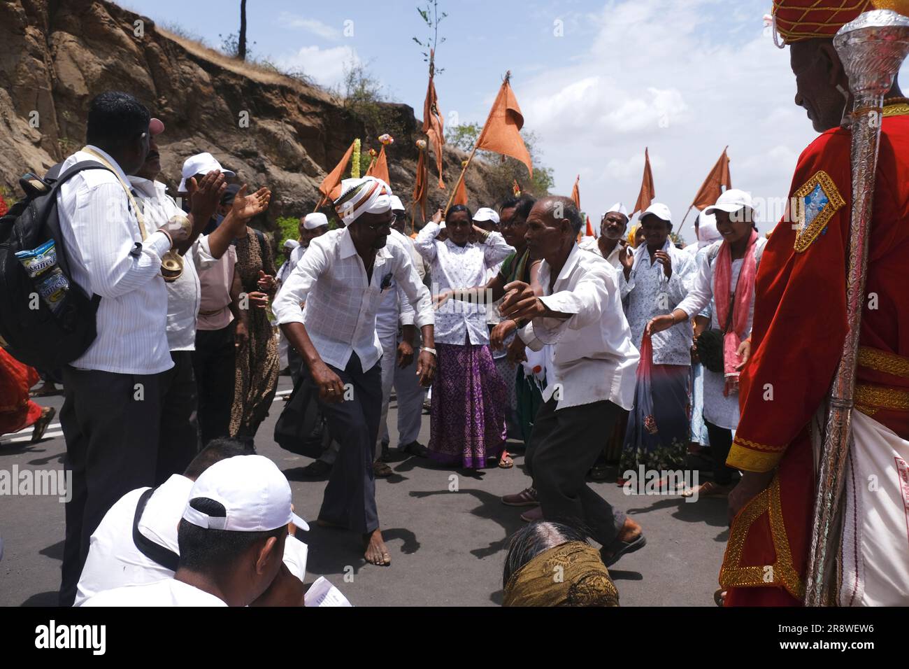 Pune, India 14 July 2023, cheerful Pilgrims at Palkhi, During Pandharpur wari procession ...